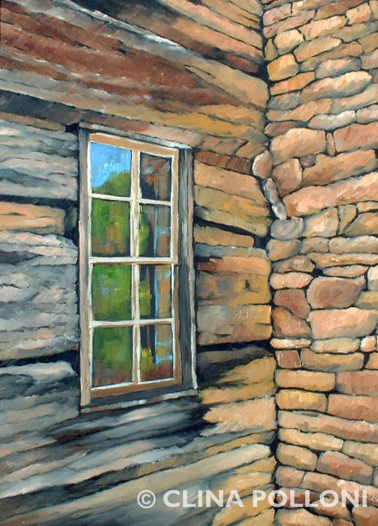 Log Cabin Window in Perspective Painting - Clina Polloni Art