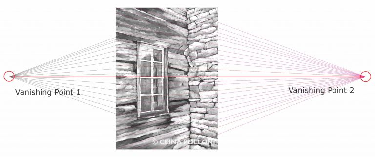 Log Cabin Window in Perspective Drawing - Clina Polloni Art