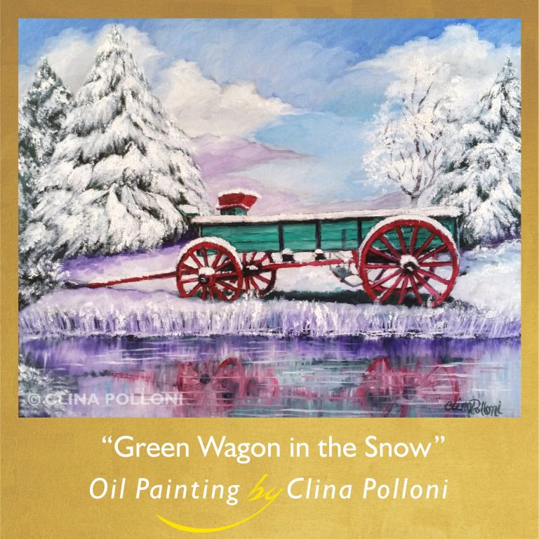 Green Wagon in the Snow Painting. - Clina Polloni Art