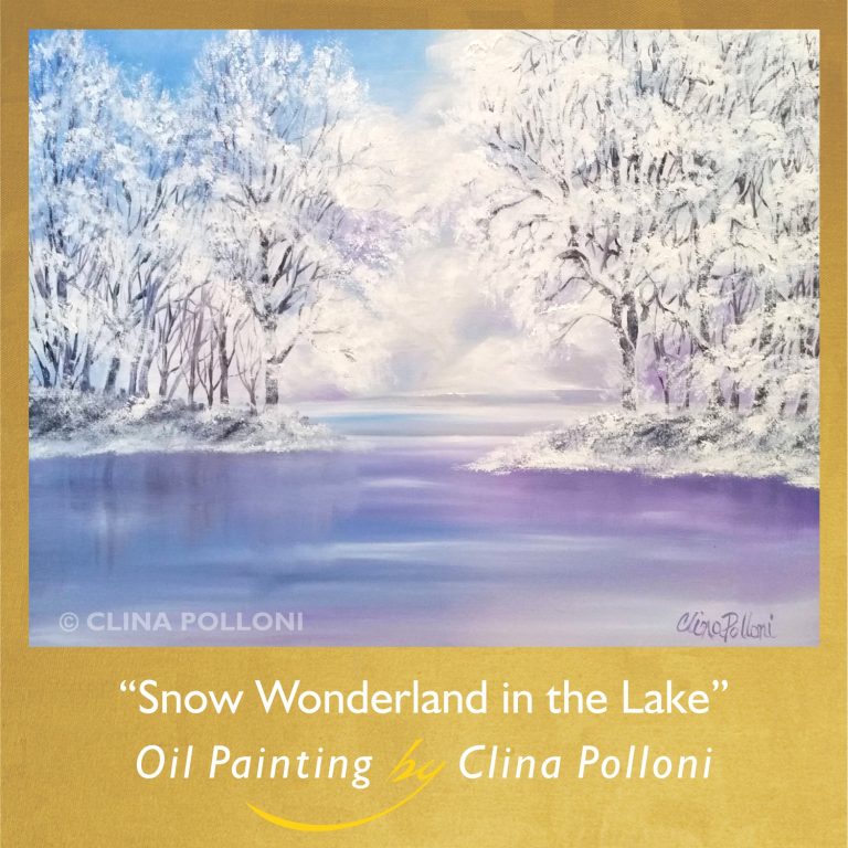 Snow Wonderland in the Lake Painting. - Clina Polloni Art